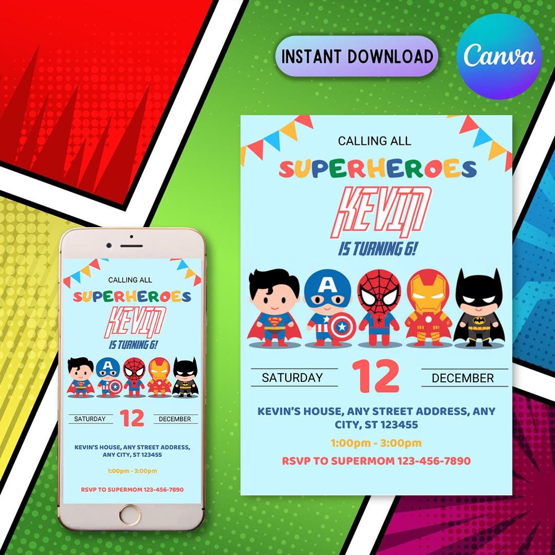 Editable Superheroes Birthday Invitation, Superheroes Kids Party Evite ...