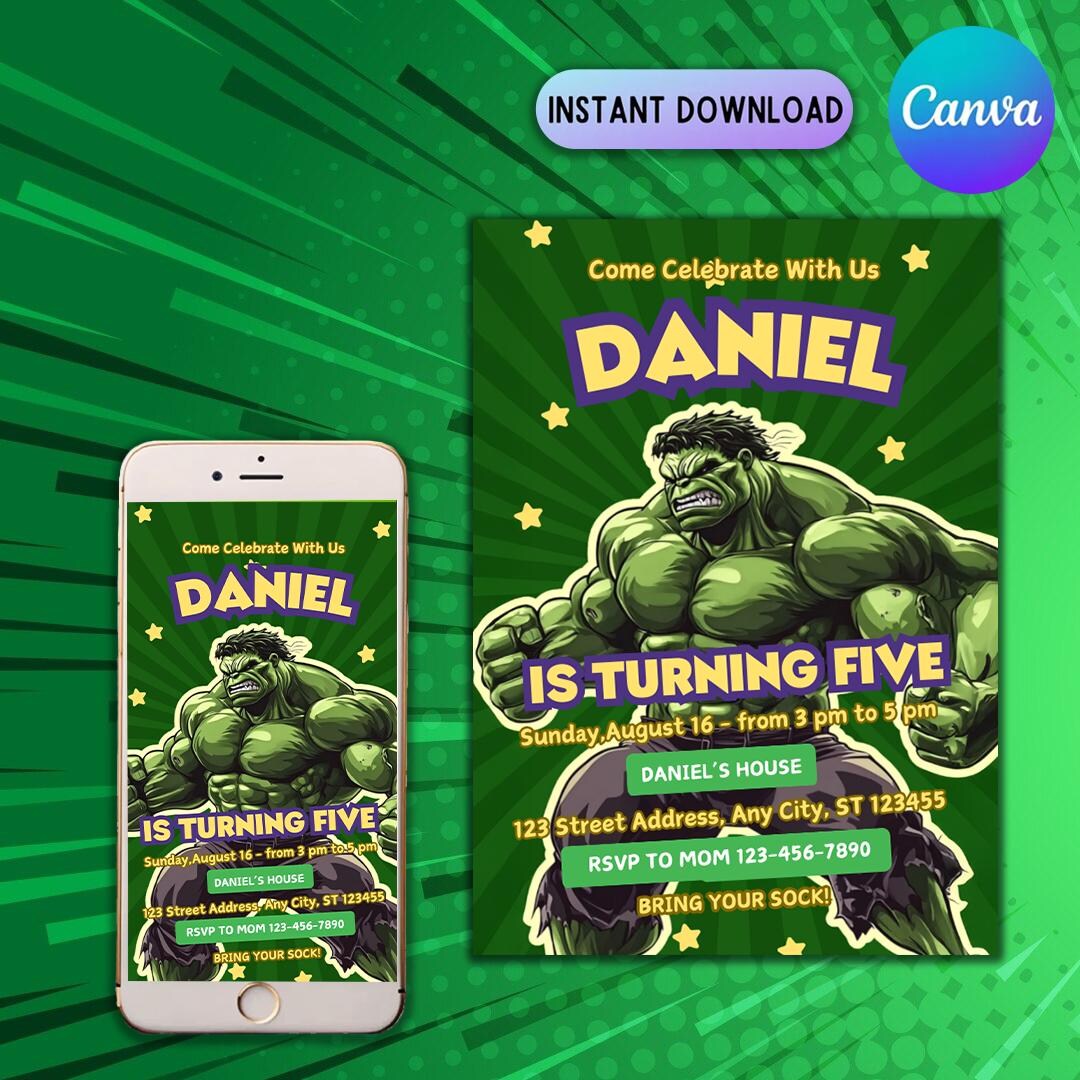 Editable Hulk Birthday Party Invitation Canva Template Instant Download ...