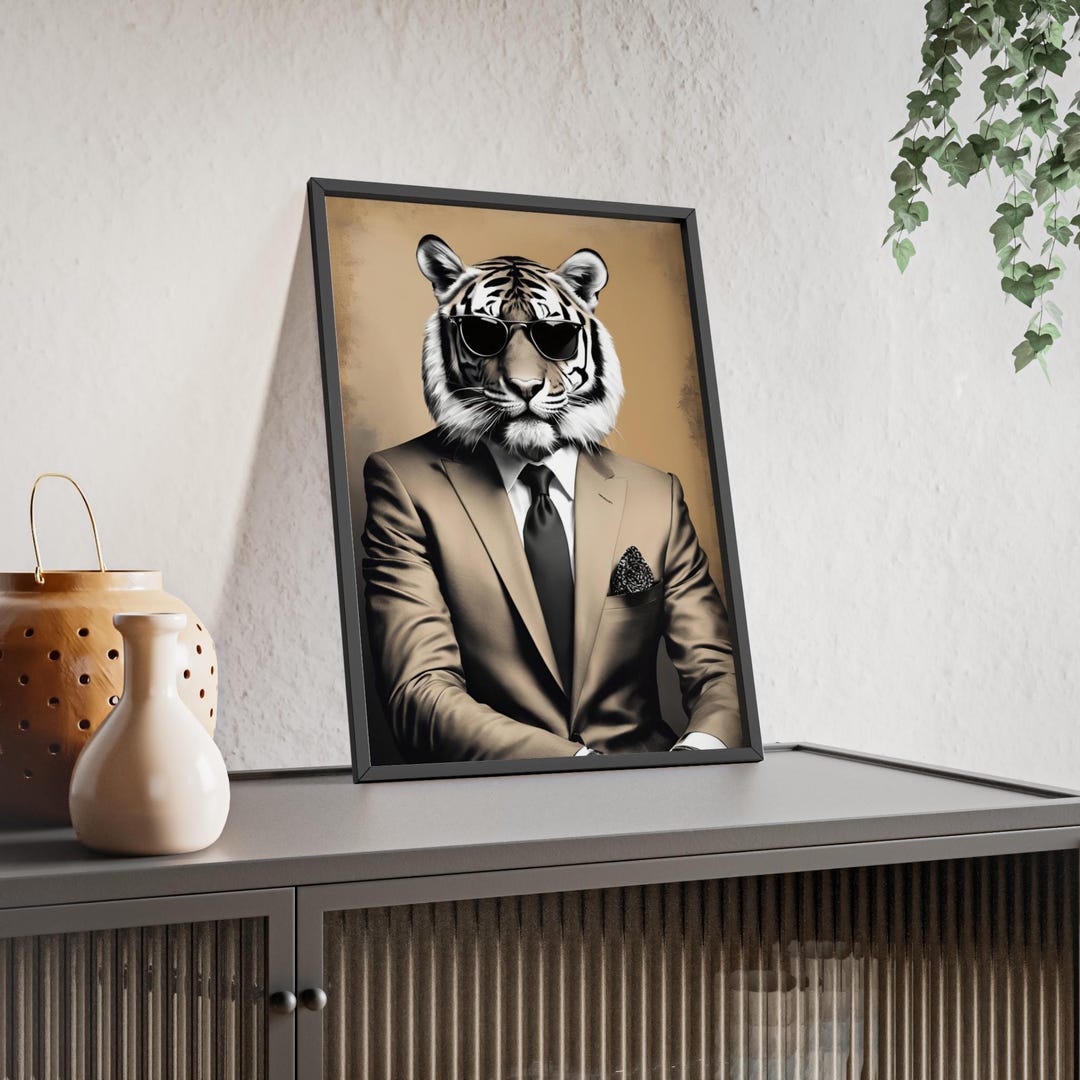 Stylish Tiger in Suit Poster With Wooden Frame - Chic Home Decor Art ...