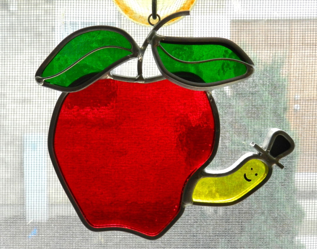 Vintage Apple With Worm Stained Glass Suncatcher 1980s - Etsy