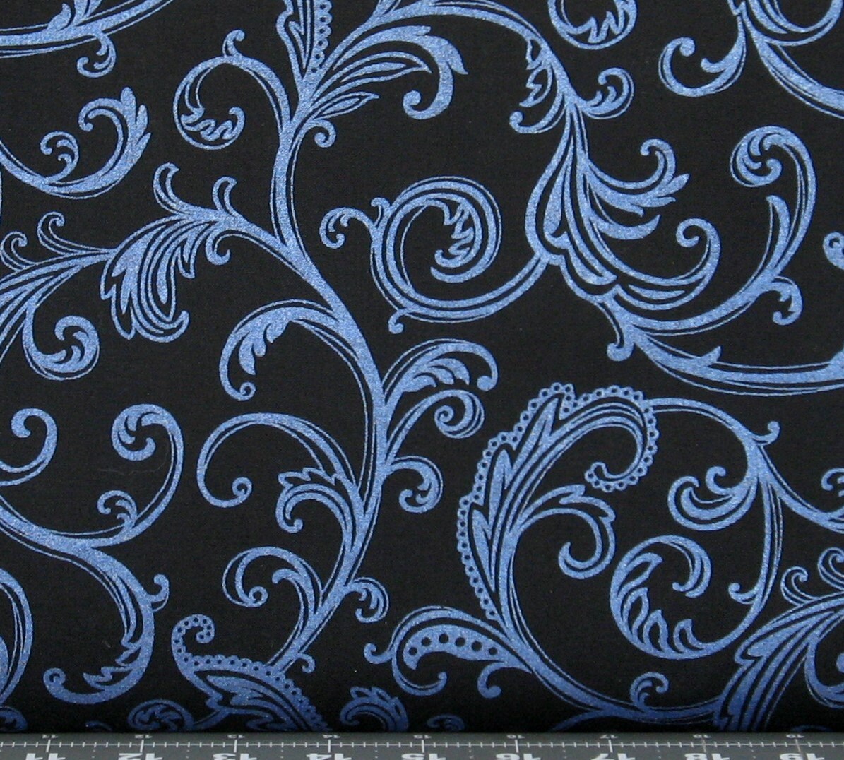 Electric Blue Scroll on Black 100% Cotton Quilt Fabric Blender