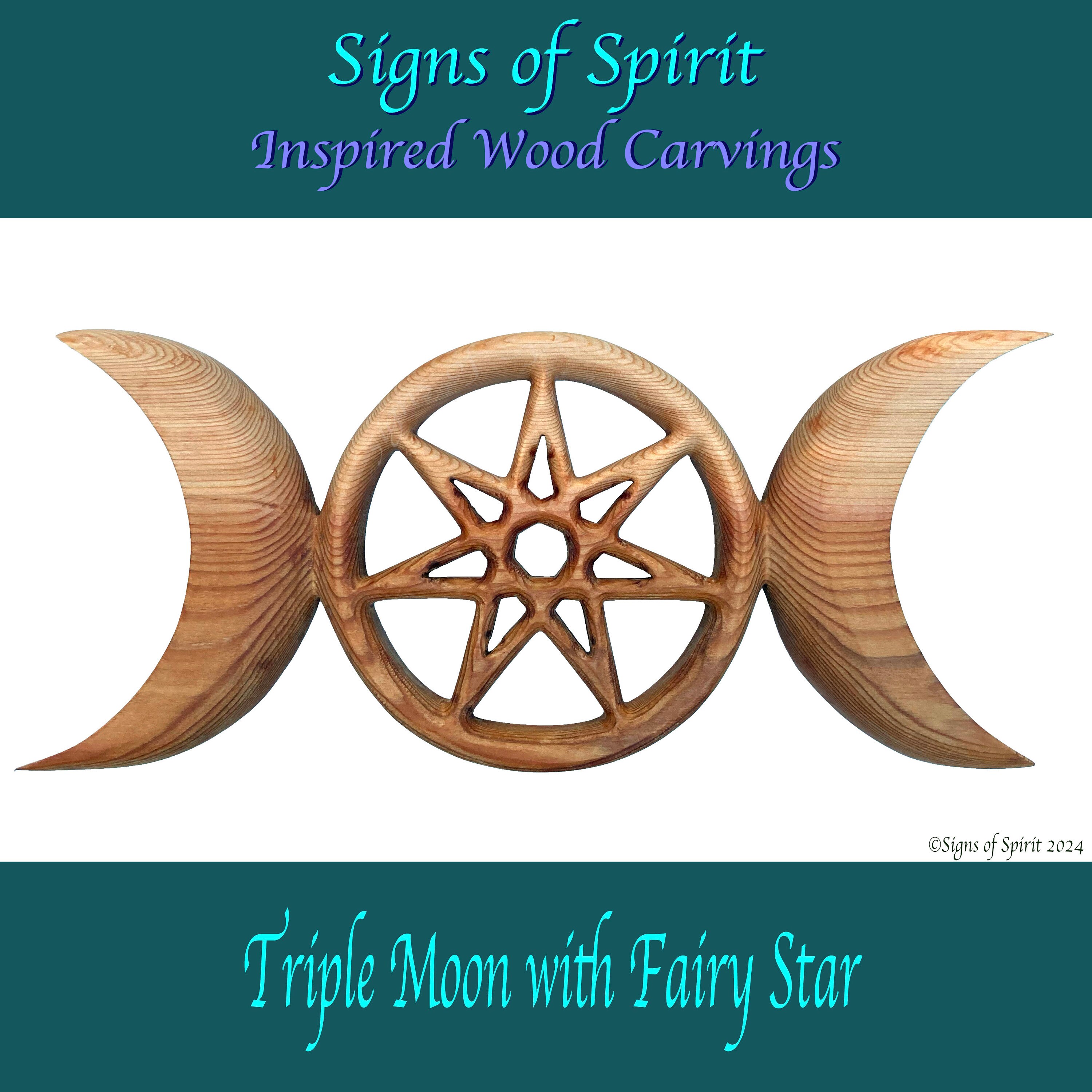 Triple Moon With Faery Star of Enchantment- Wood Carved Seven-pointed ...