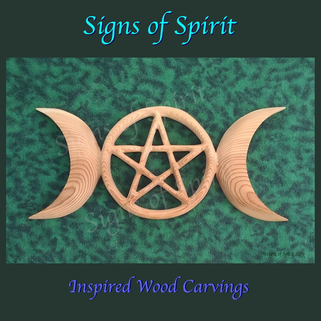 Triple Moon Pentacle Wood Carving Celtic Goddess Symbol With Pentagram ...