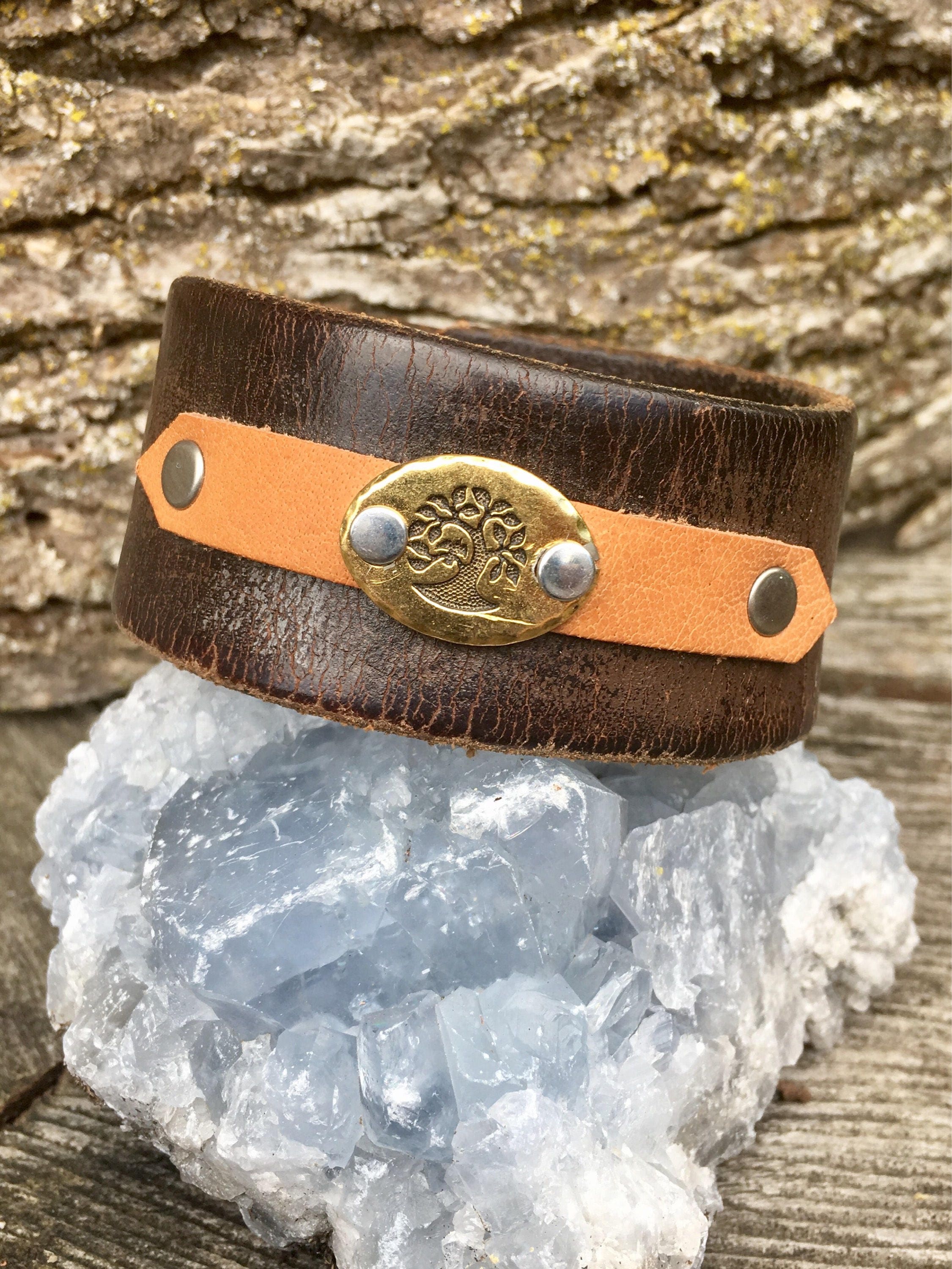 Handmade one of a kind leather cuff bracelet with tree metal | Etsy