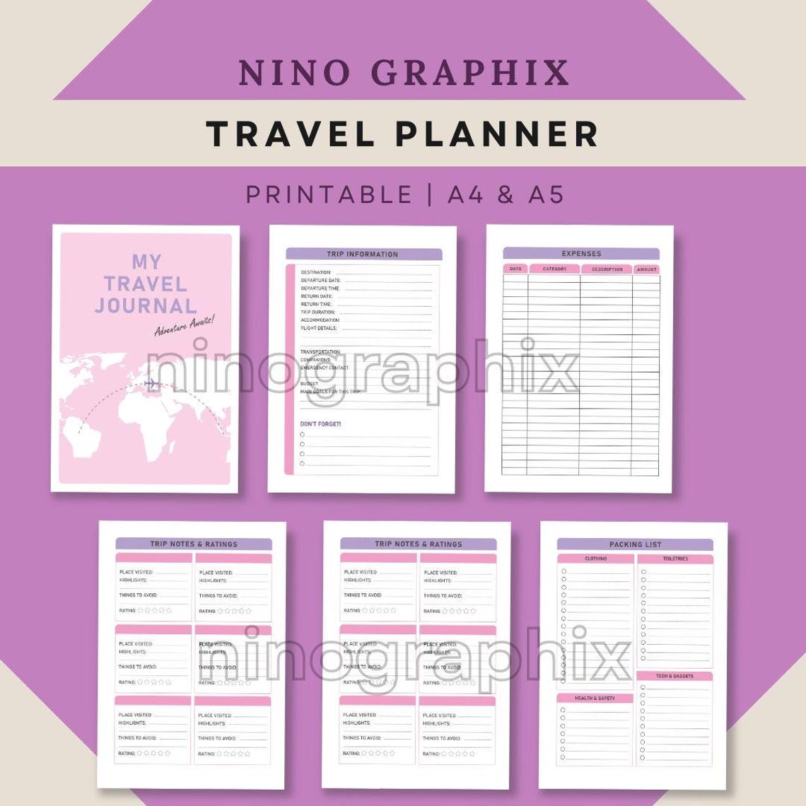 Travel Journal Printable: Vacation Planner, Itinerary, Packing List ...