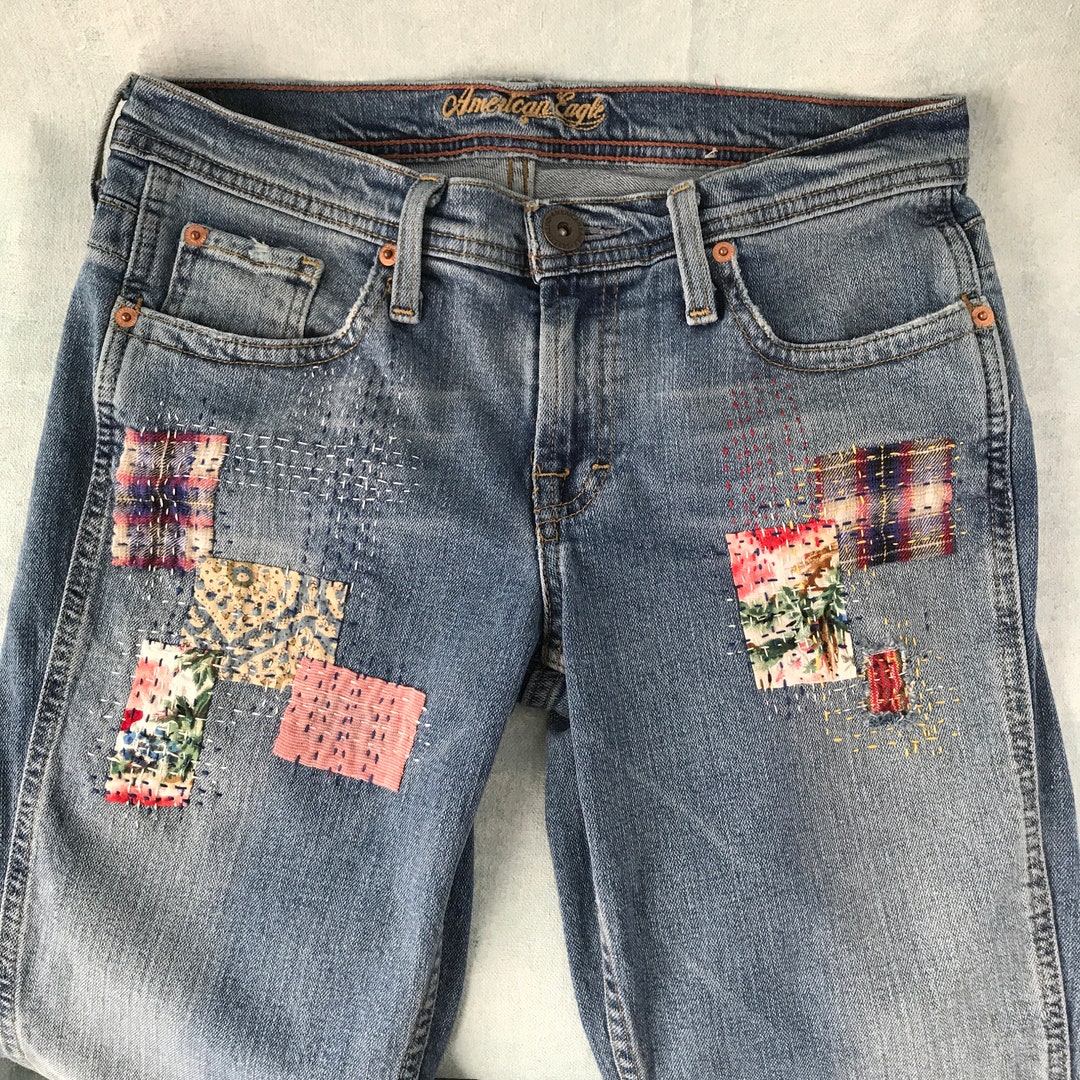 Boro Style Patched Denim Jeans AE Size 6 Reg Hippie Boho Chic - Etsy