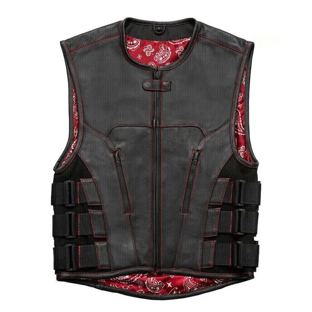 New Men's Tactical Vest, Biker Vest Red Paisley Lining Vest, Motorcycle ...