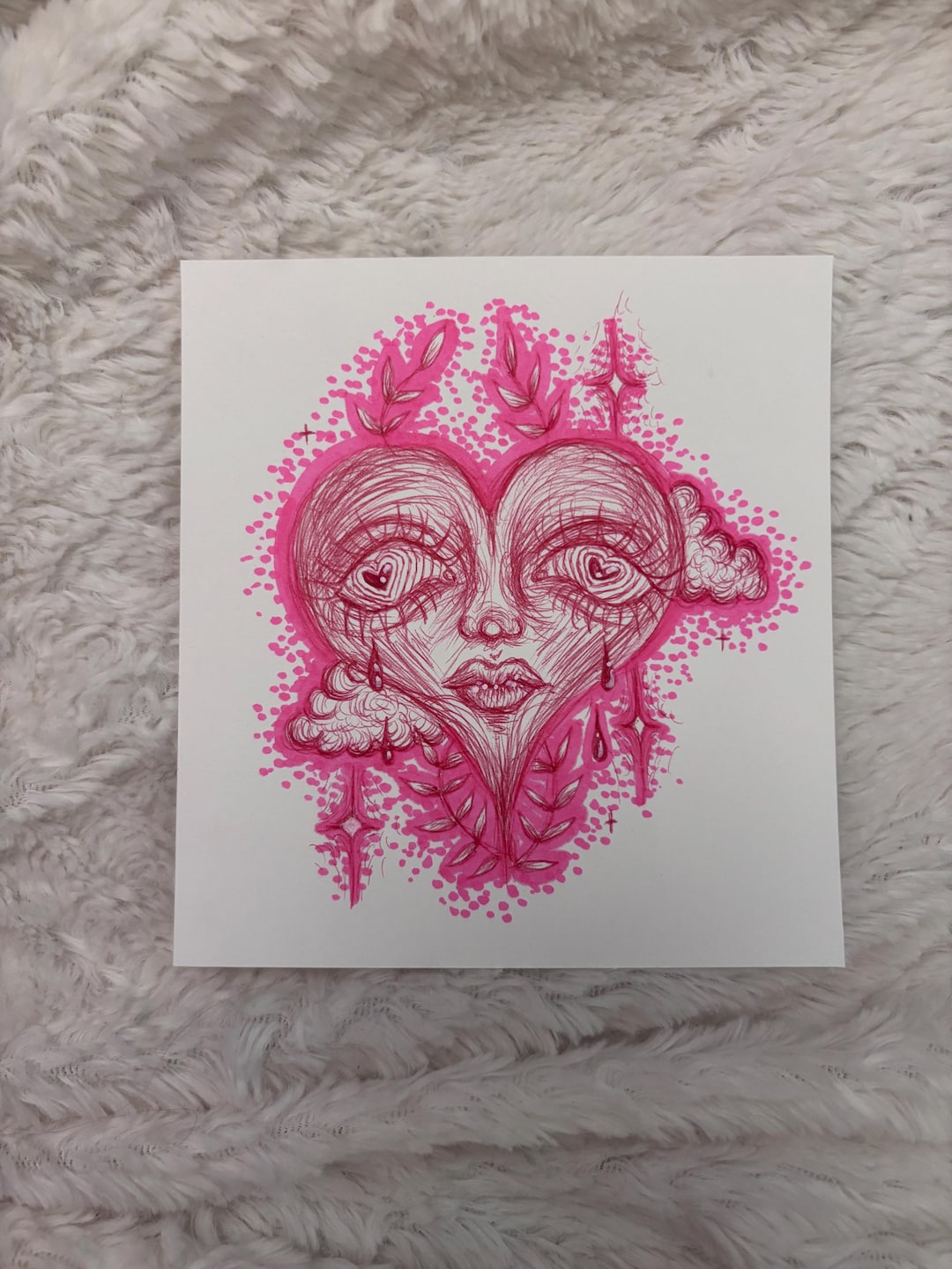 Trippy Heart With Face Crying Drawing, Red Pen Heart Drawing - Etsy