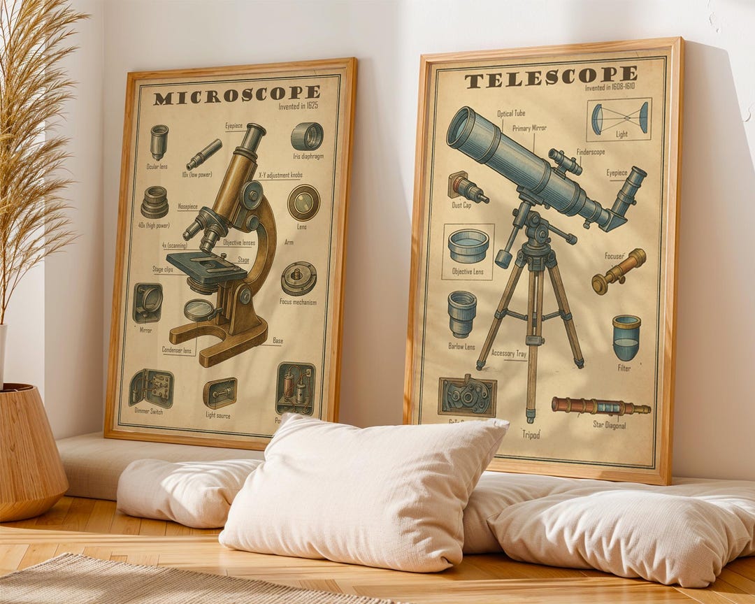 SET of 2 Science Wall Art, Microscope Print, Telescope Poster, Vintage ...