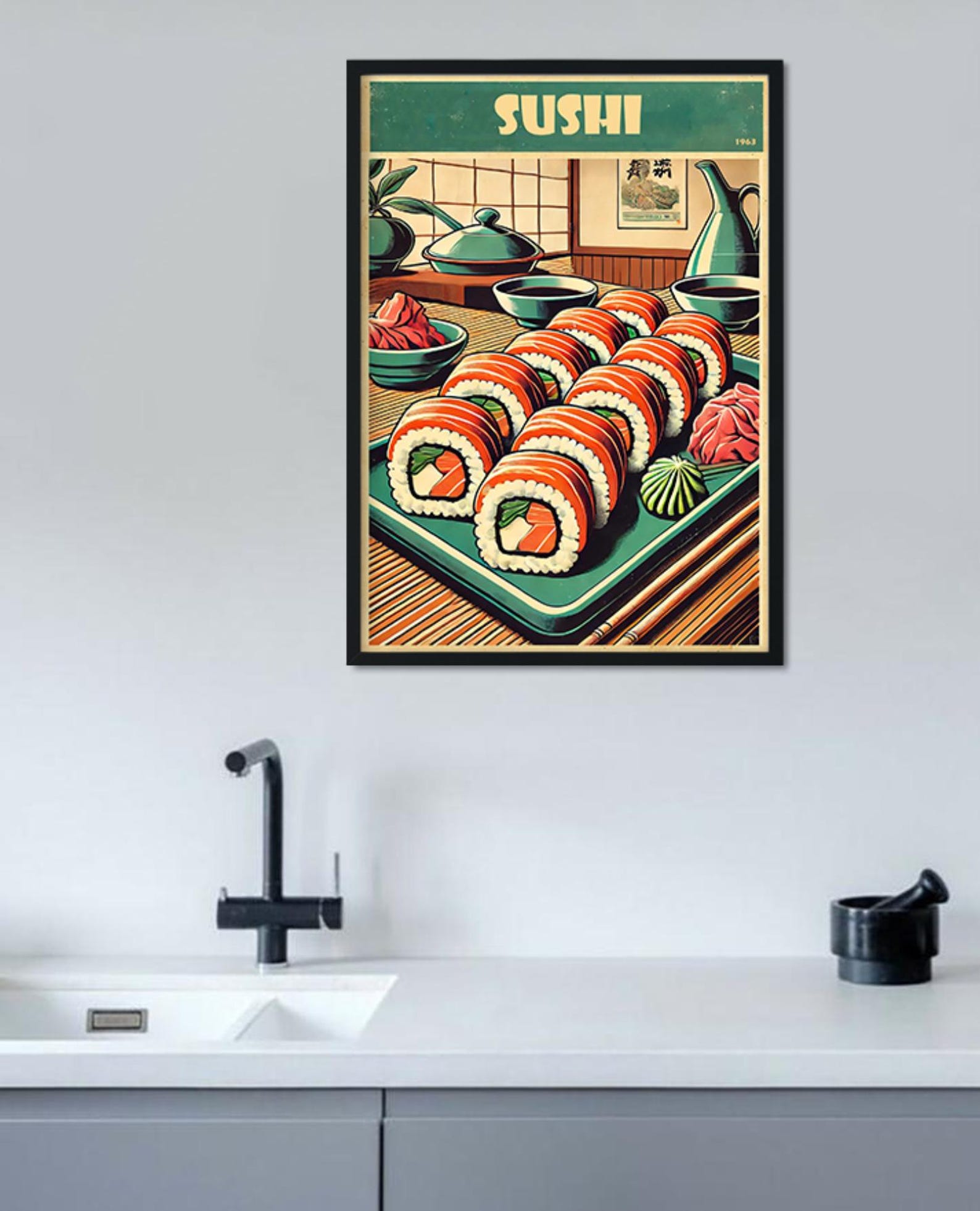 Vintage Sushi Print, Retro Style Poster, Kitchen Decor, Restaurant Wall ...