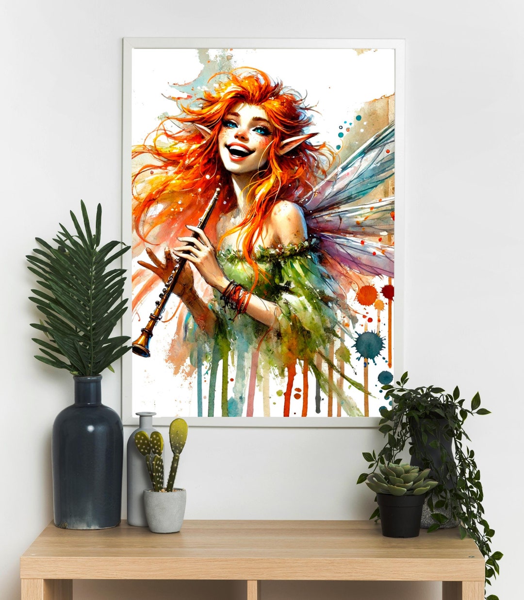 Charming Elf Girl With a Flute, Girl Laughing Art, Original Watercolor ...