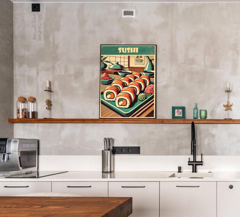 Vintage Sushi Print, Retro Style Poster, Kitchen Decor, Restaurant Wall ...