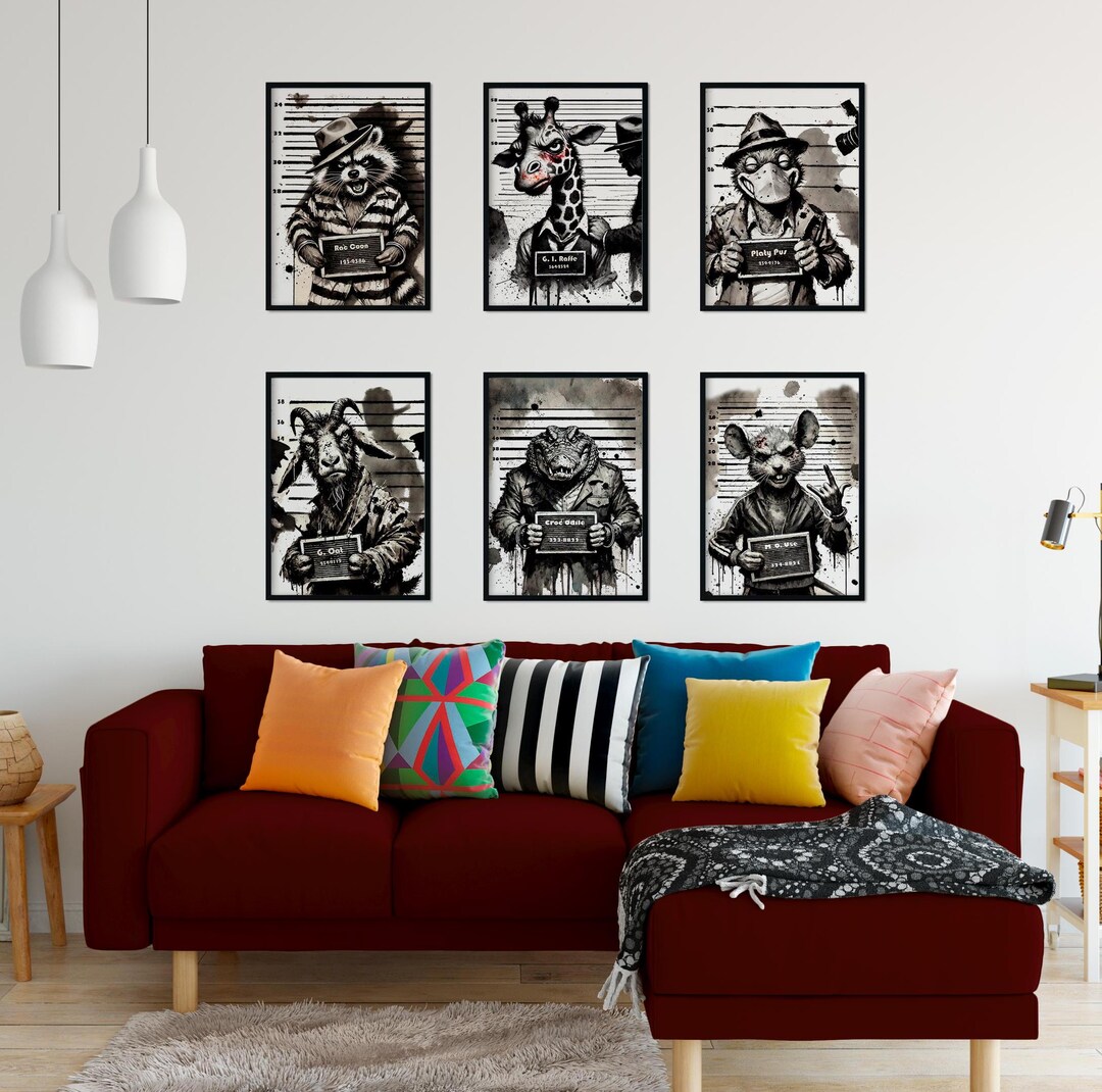Set of 6 Animal Mugshot Prints, Black and White Art, Stylish Room Decor ...