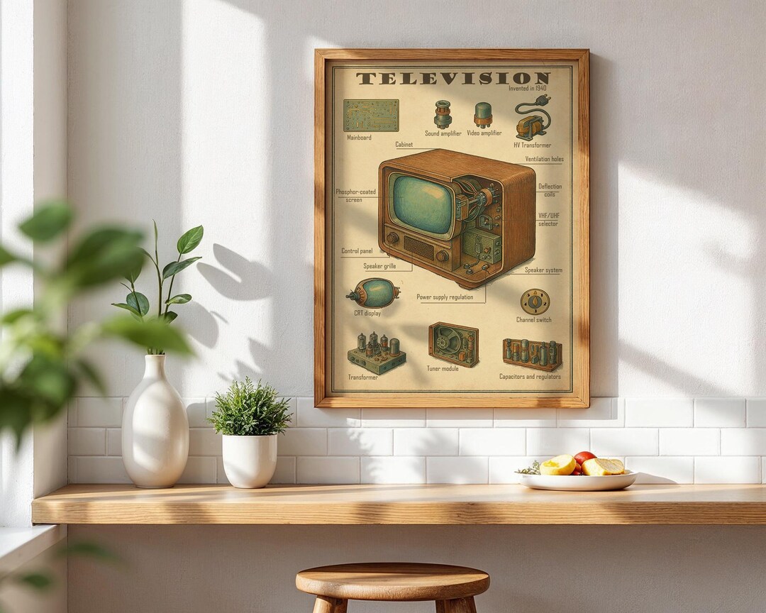 Retro TV Poster, Vintage Television Art, Old Tech Art, Television Parts ...