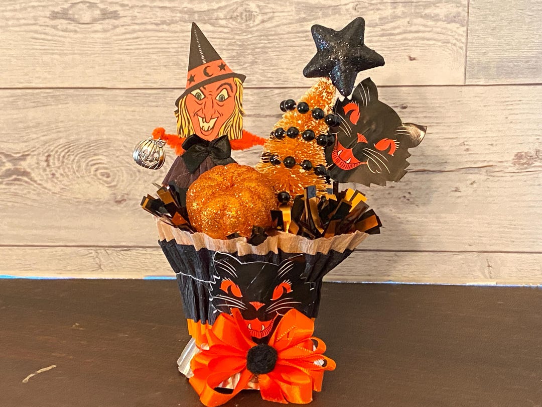 Vintage Halloween Nut Cup Decoration: Witch, Black Cat, Handmade Decor ...