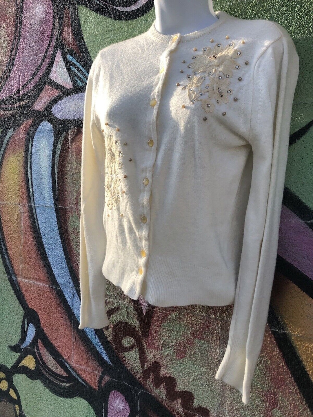 Vintage 1950s LAMPL off White Light Embellished Knit Cardigan Top Small ...