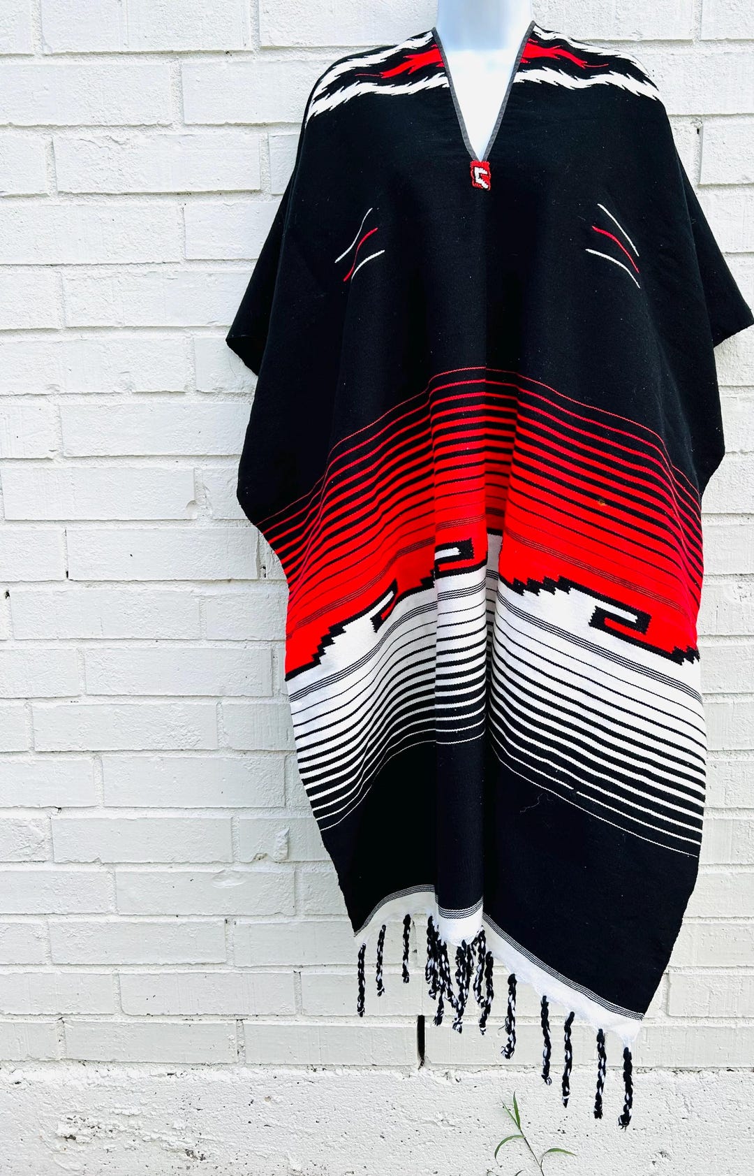 Vintage Red White Black Poncho Western Ranch Southwest Blanket Fringe ...