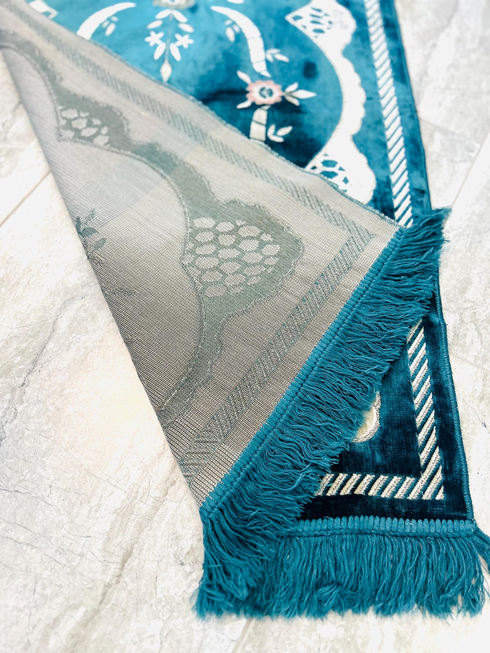 Vintage Handcrafted Fringe Teal Ornate Chic Rug Textile Art Multiuse ...