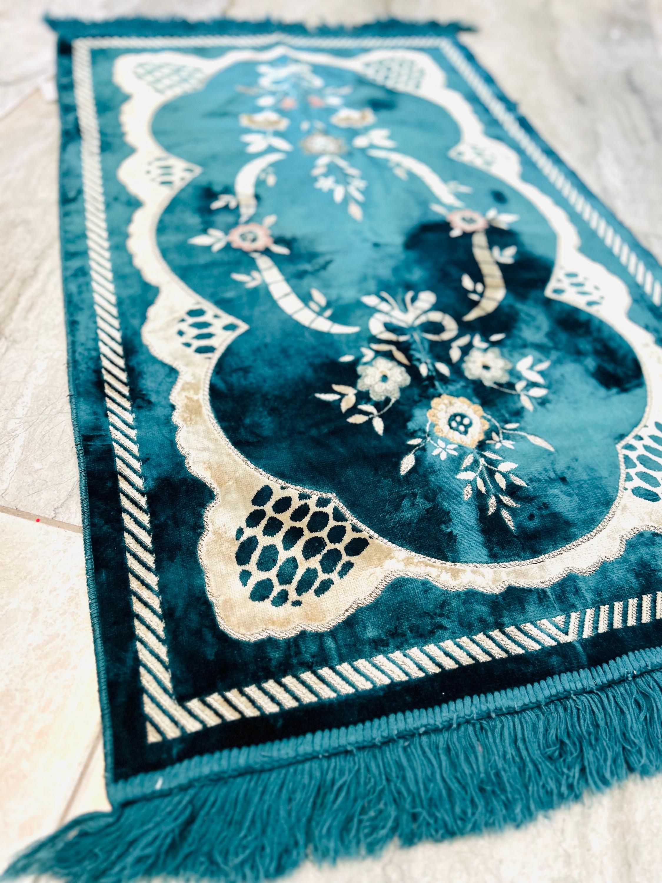 Vintage Handcrafted Fringe Teal Ornate Chic Rug Textile Art Multiuse ...