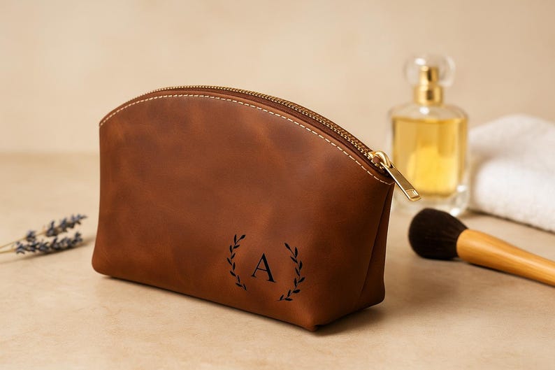 Engraved Leather Makeup Bag: Personalized Full-grain Cosmetic Pouch - Etsy