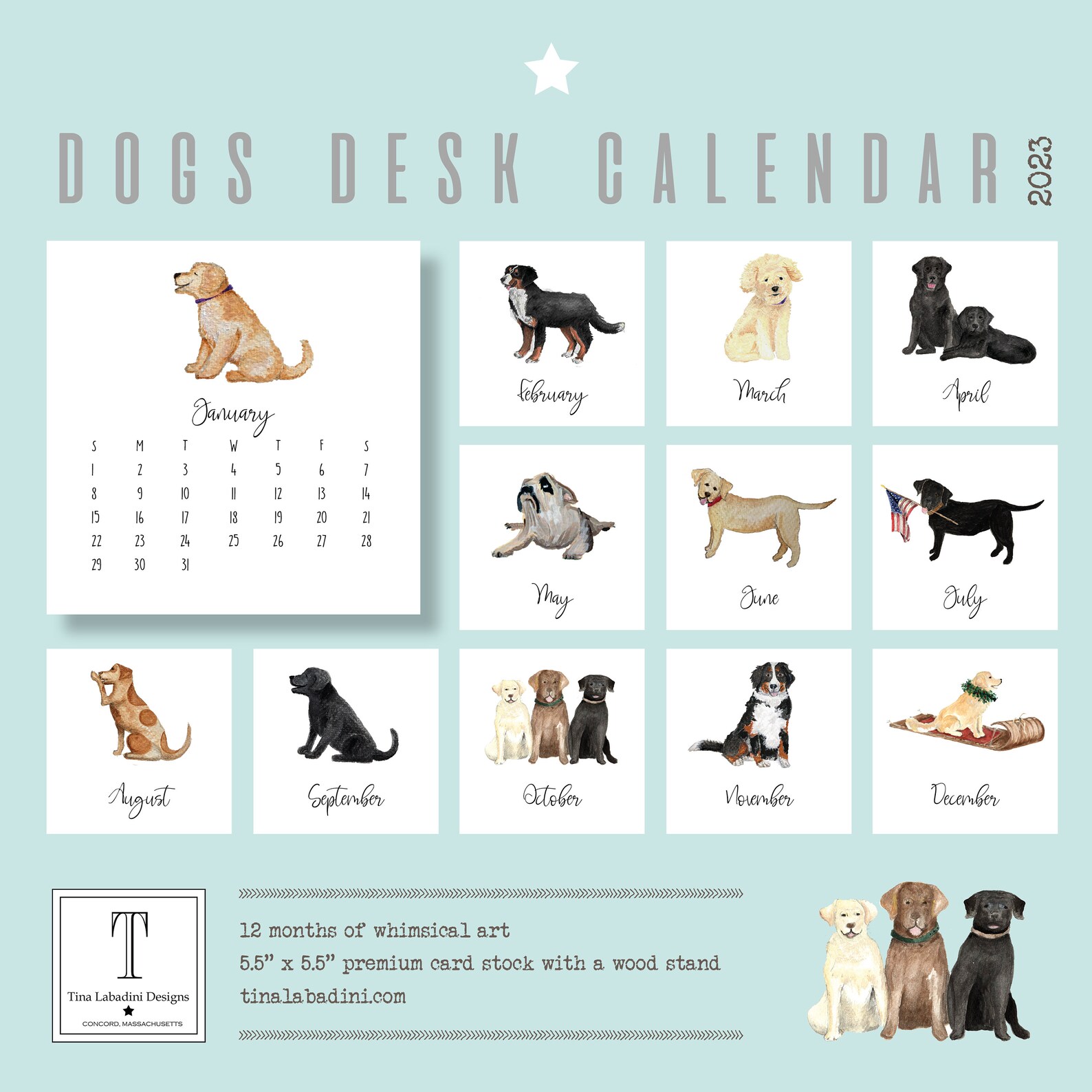 2023 Desk Calendar Dogs Watercolor Design Tina Labadini Dog - Etsy