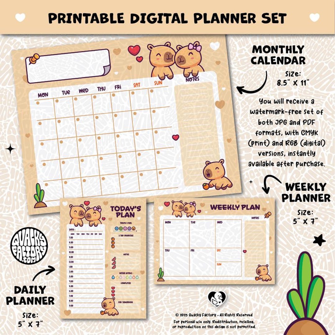 Printable Digital Planner Set - Capybaras - Etsy