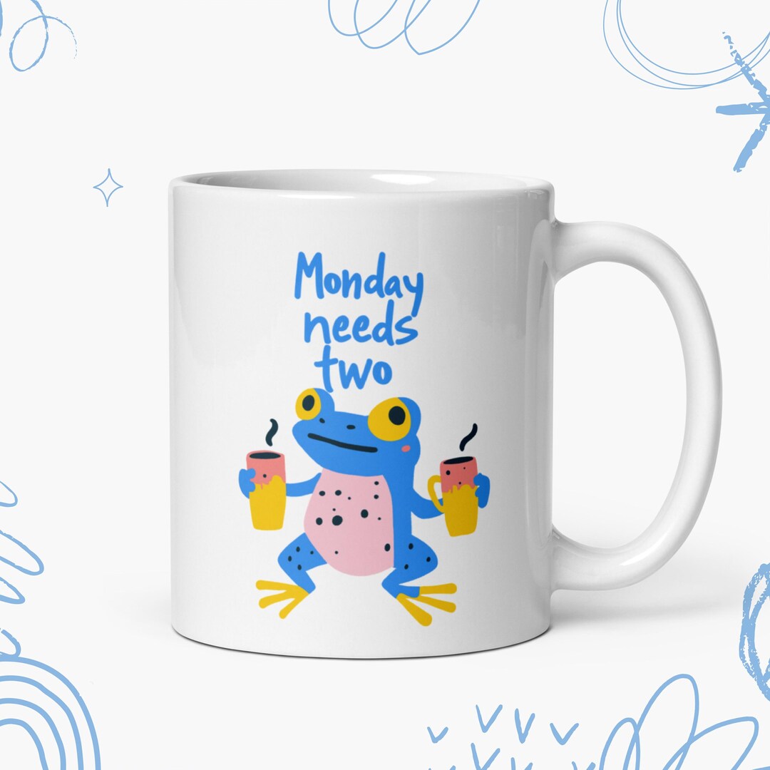 Funny Monday Frog Coffee Mug - Cute Blue Frog With Two Cups - Coffee ...