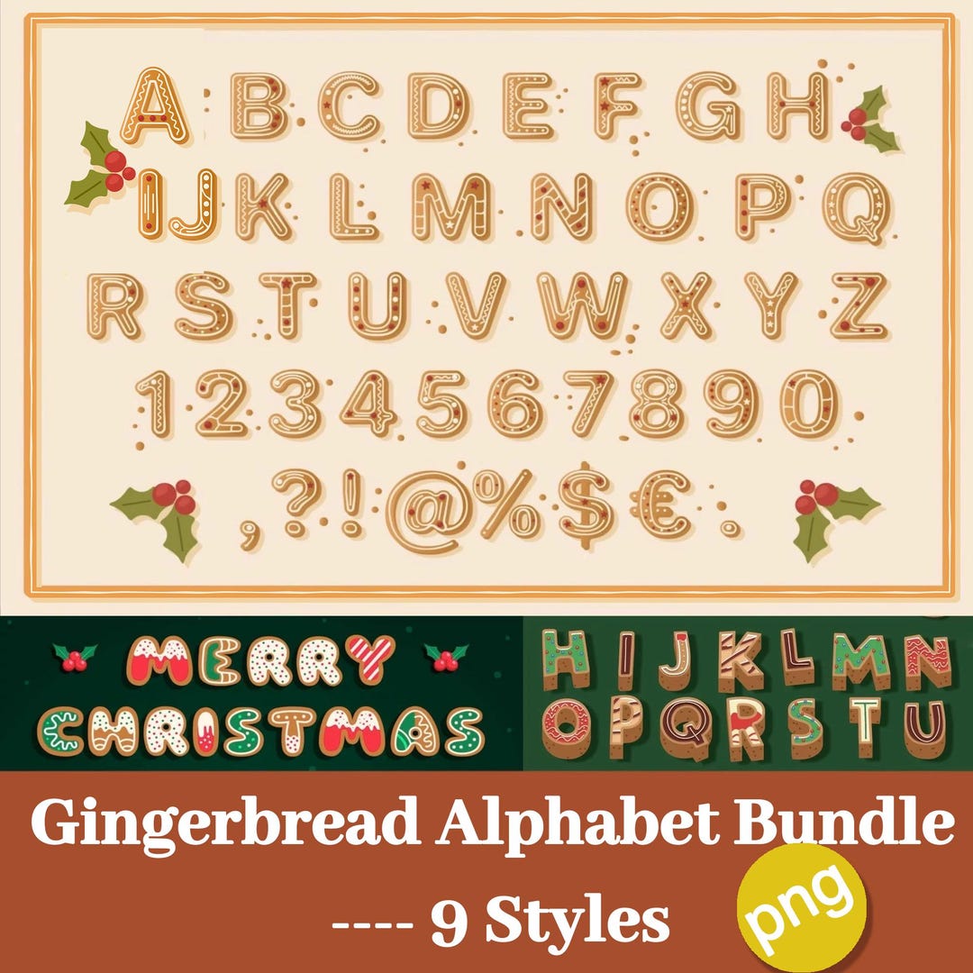 Gingerbread Cookie Letters | Christmas Alphabet Clipart, 9 Styles (PNG ...