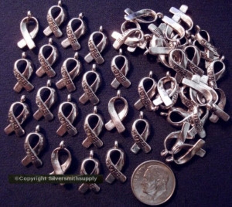 50 Cancer Awareness Hope Ribbon Charms Antique Silver Plated | Etsy