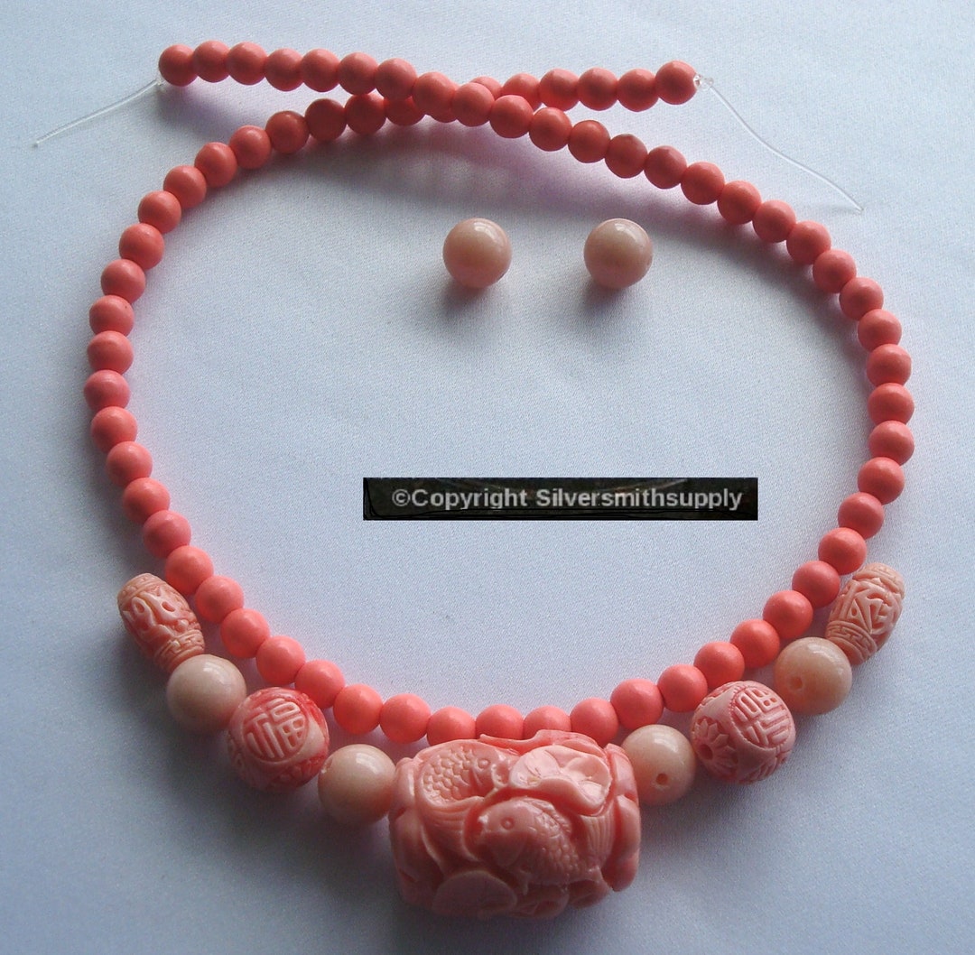 5 Carved Angel Skin Faux Coral Beads Huge 30x22mm Centerpiece 68pcs 6mm ...