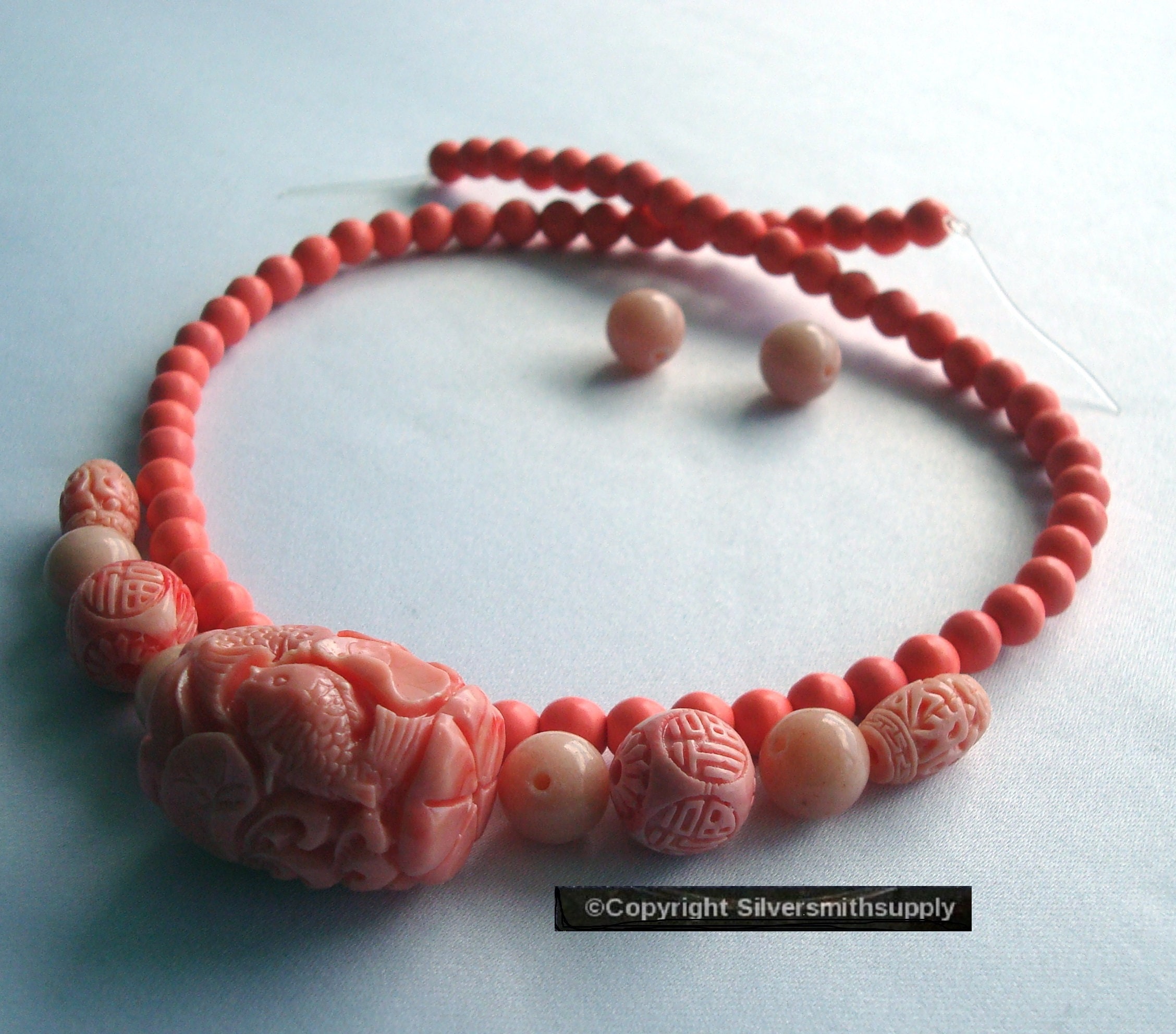 5 Carved Angel Skin Faux Coral Beads Huge 30x22mm Centerpiece 68pcs 6mm ...