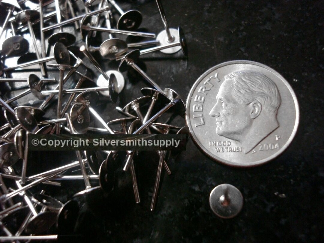 100 White Gold Plated Post Pierced Earring Findings 5mm Flat Pad Glue ...