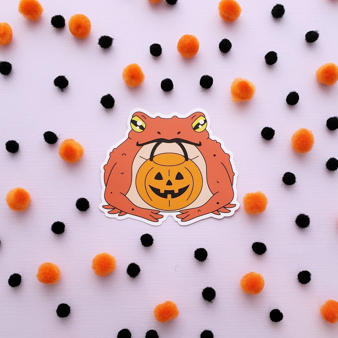 Trick-or-treat Toad Vinyl Sticker // Frog Holding Jack-o-lantern Bucket ...