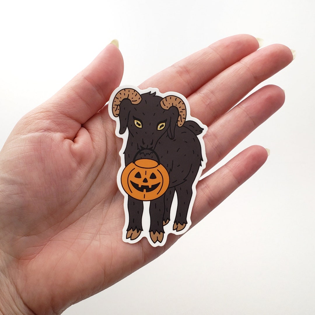 Trick-or-treat Goat Vinyl Sticker // Goat Holding Jack-o-lantern Bucket ...