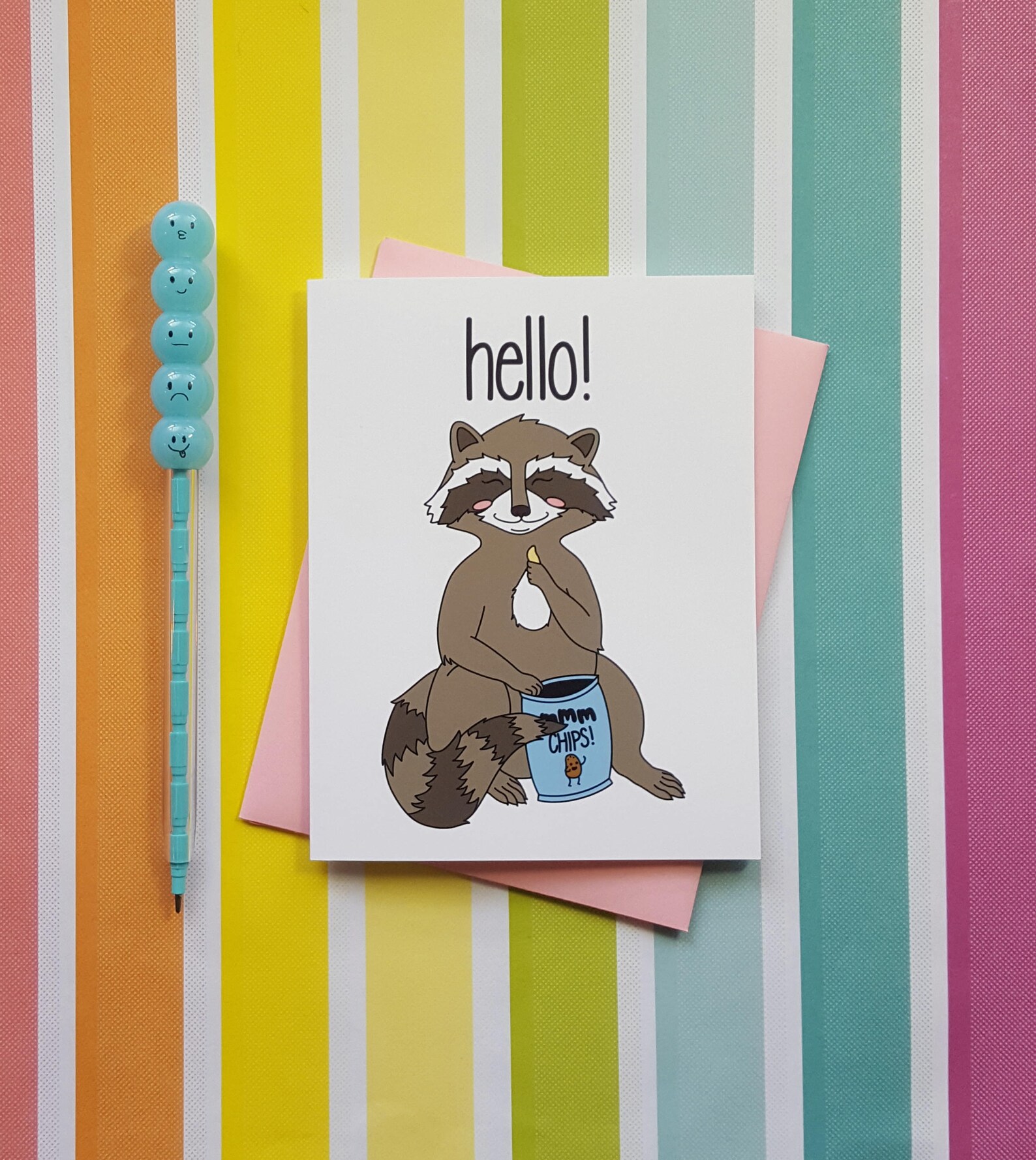 Snackin' Raccoon Card // Hello // Raccoon Eating Potato - Etsy