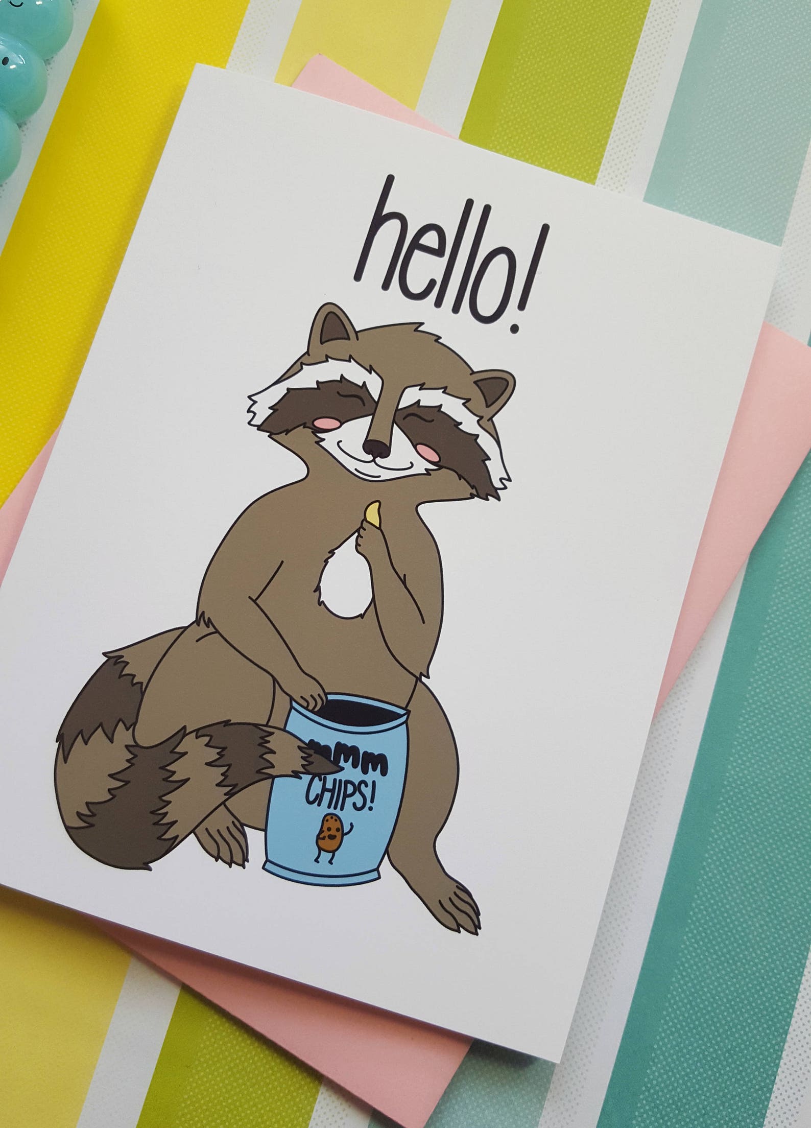 Snackin' Raccoon Card // Hello // Raccoon Eating Potato - Etsy