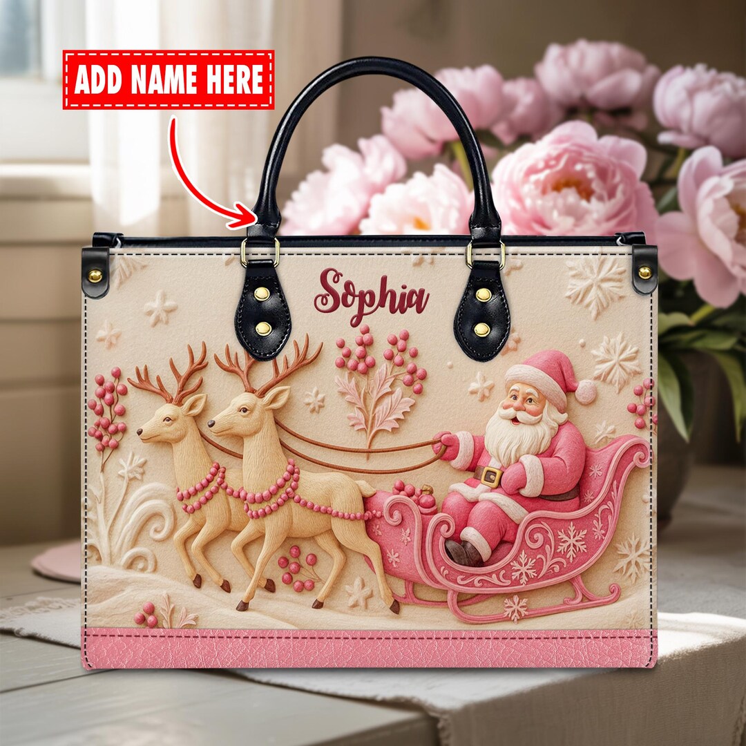 Pink Christmas Santa Claus Leather Handbag - Custom Name Holiday Bag ...