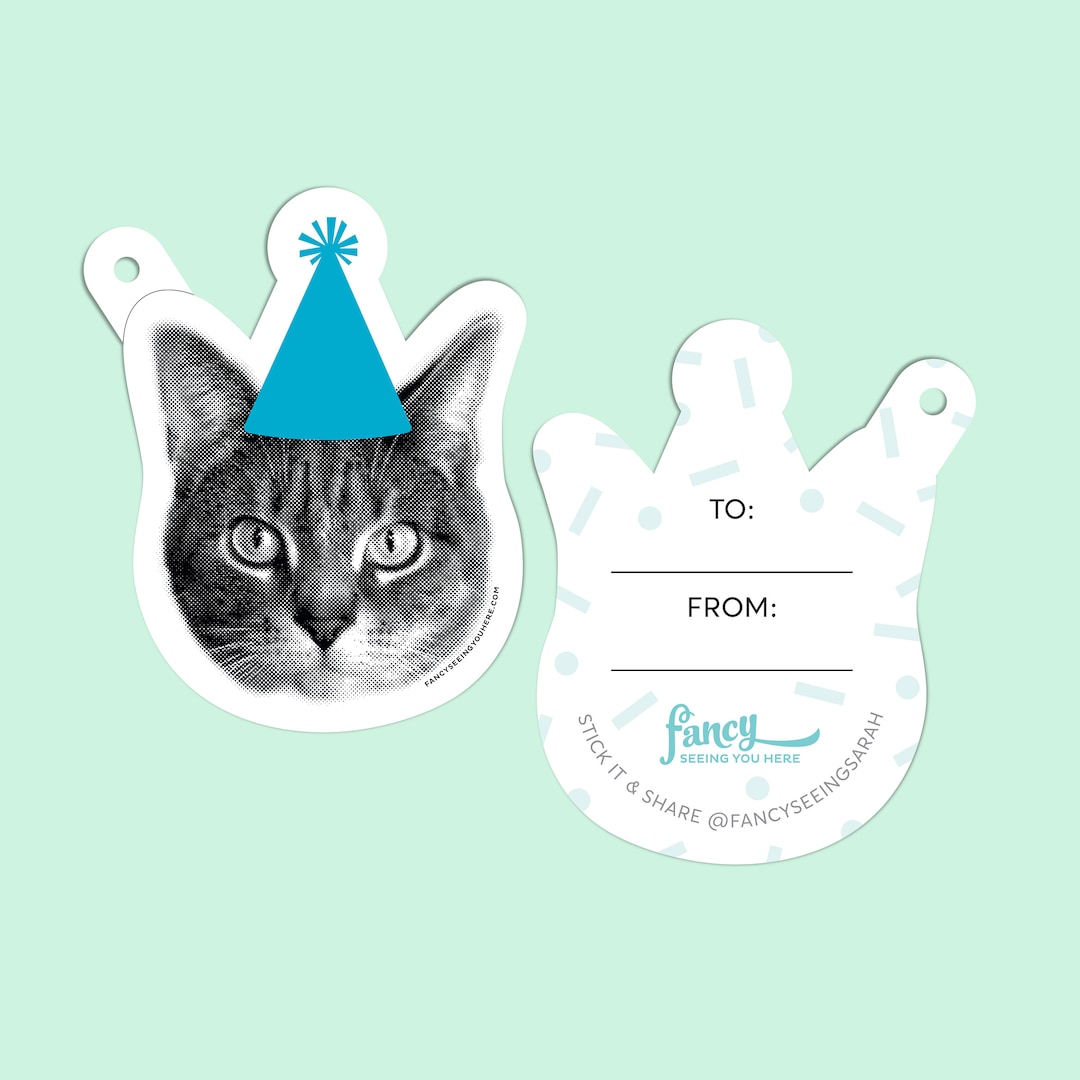 Party Cat Sticker Gift Tag - Cute Cat Birthday Hang Tag - Happy Bday ...