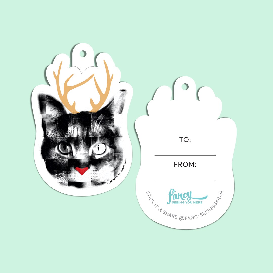 Christmas Cat Gift Tag and Sticker - Metallic Cat-a-lope Sticker ...