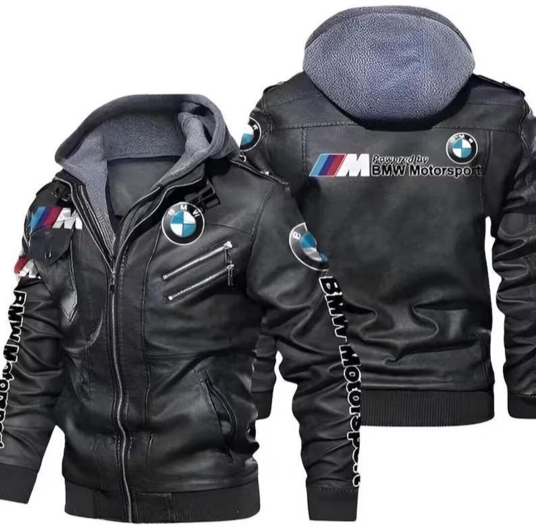BMW Motorsport Leather Hoodie Jacket | Racing Style Hooded Biker Coat ...