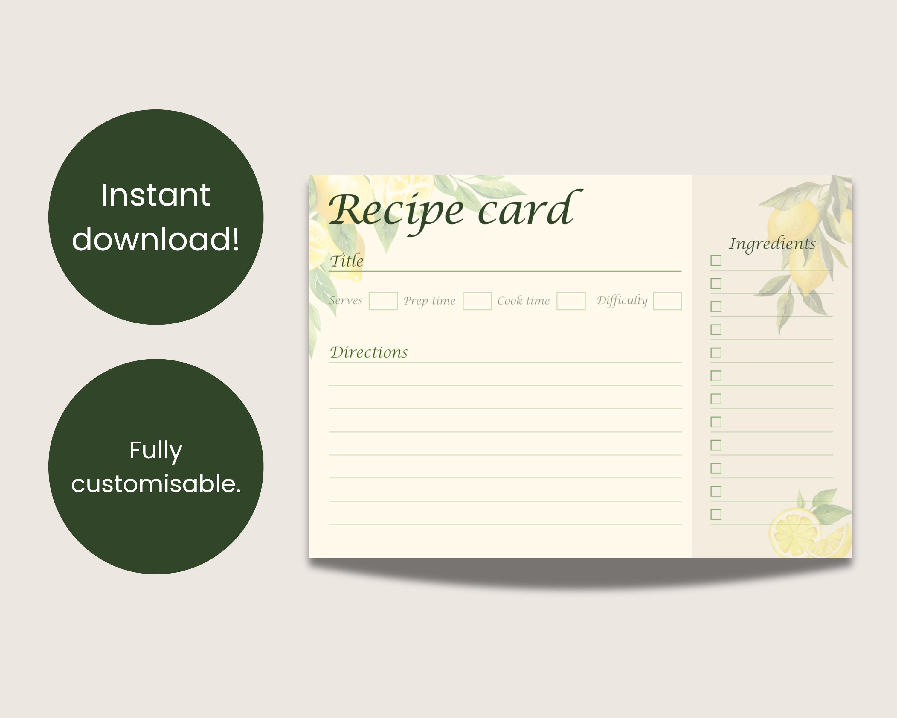 Printable Recipe Cards - Lemon Design, Editable Templates, Instant ...