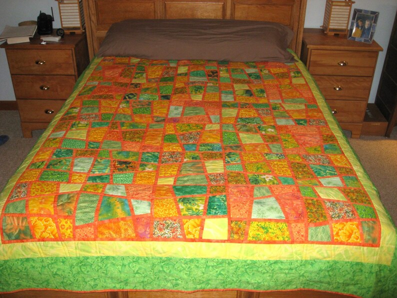 Quilt A Mosaic Nine Patch in Spring Greens Orange and - Etsy