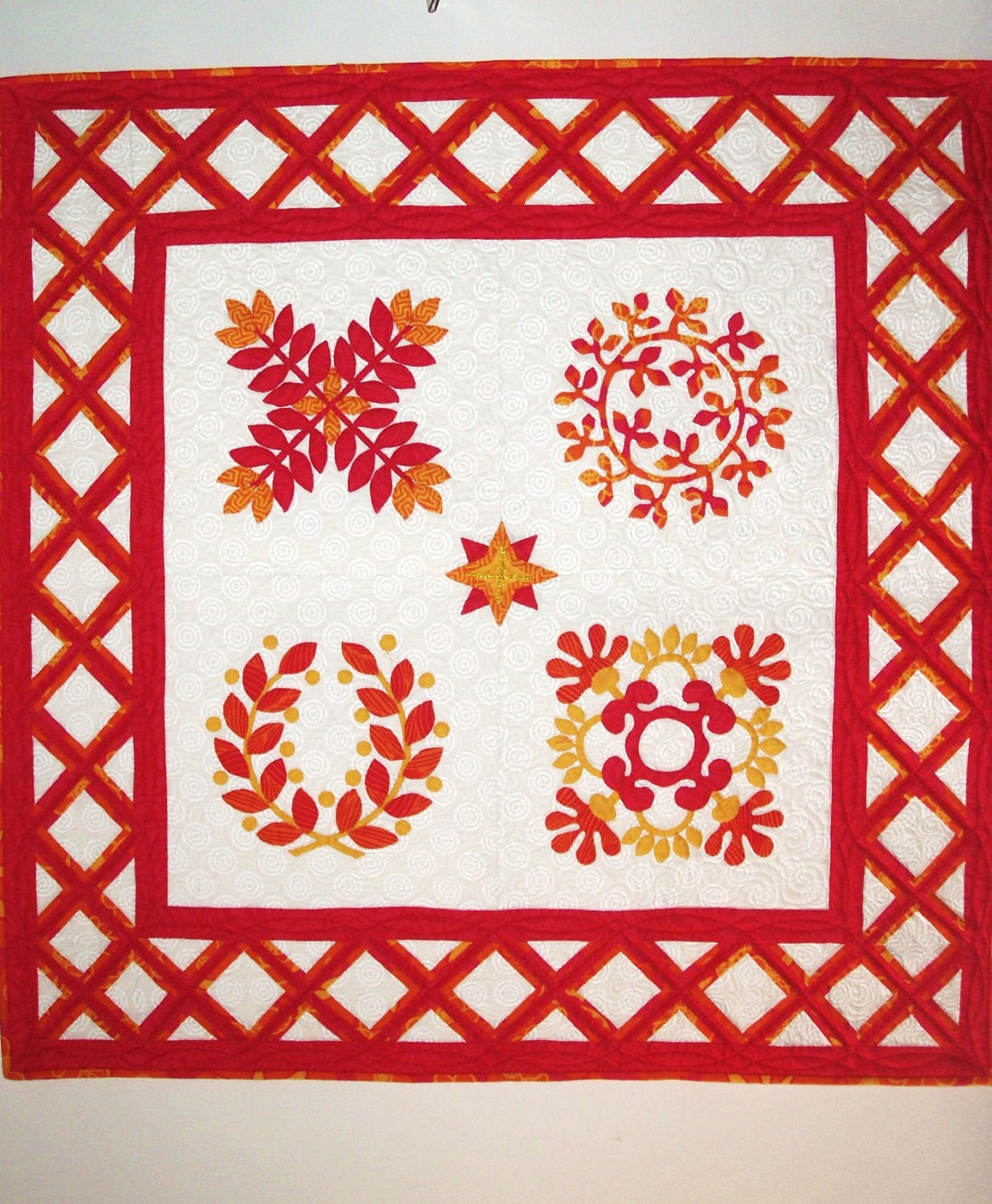 Baltimore Album Style Wall Hanging Quilt in Hot Pink, Orange, Yellow ...