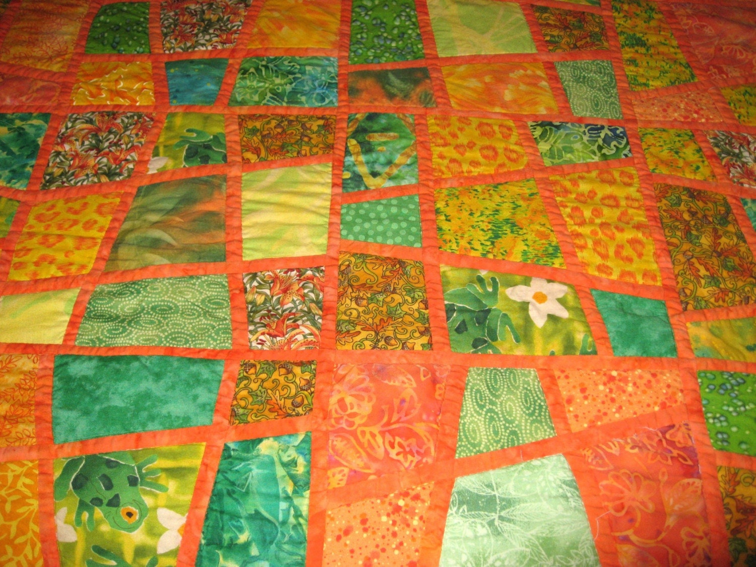 Quilt A Mosaic Nine Patch in Spring Greens Orange and - Etsy