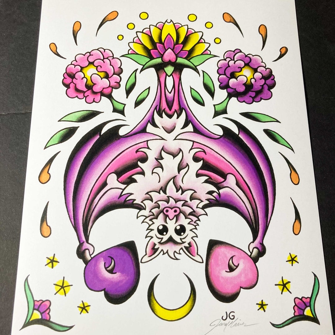 Bat, Hearts and Flowers Tattoo Flash Print - Etsy