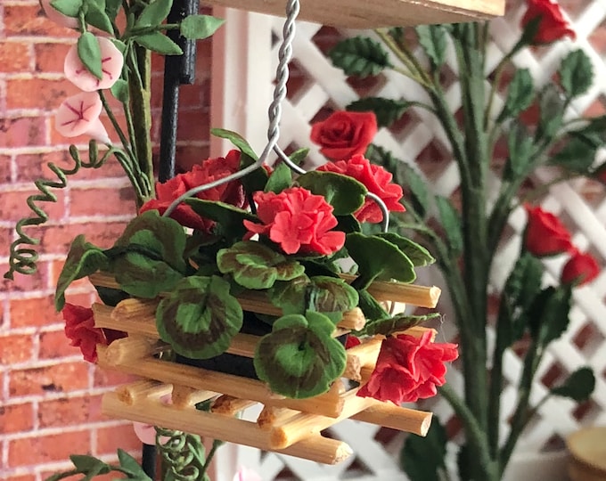 Miniature Geraniums Wood Hanging Basket With Red Geraniums - Etsy