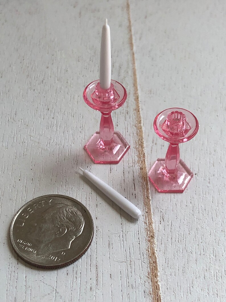 Miniature Candlesticks Pink Candle Holders and White Candles - Etsy