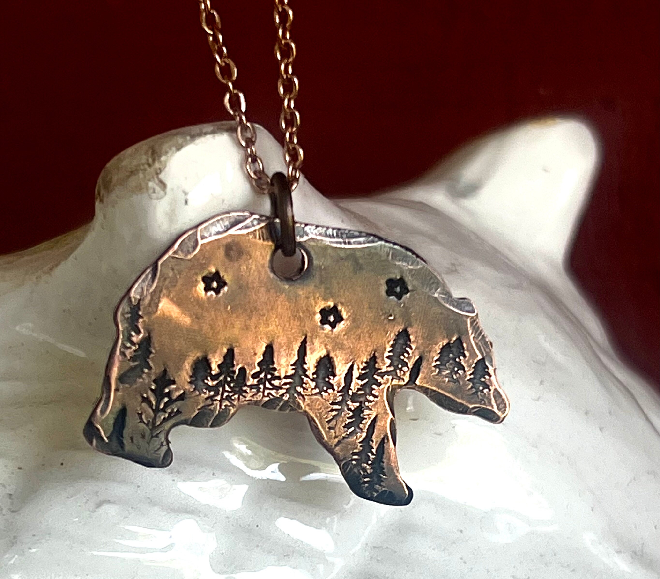 Copper Bear Pendant Necklace, Stamped Evergreen Trees and Stars - Etsy