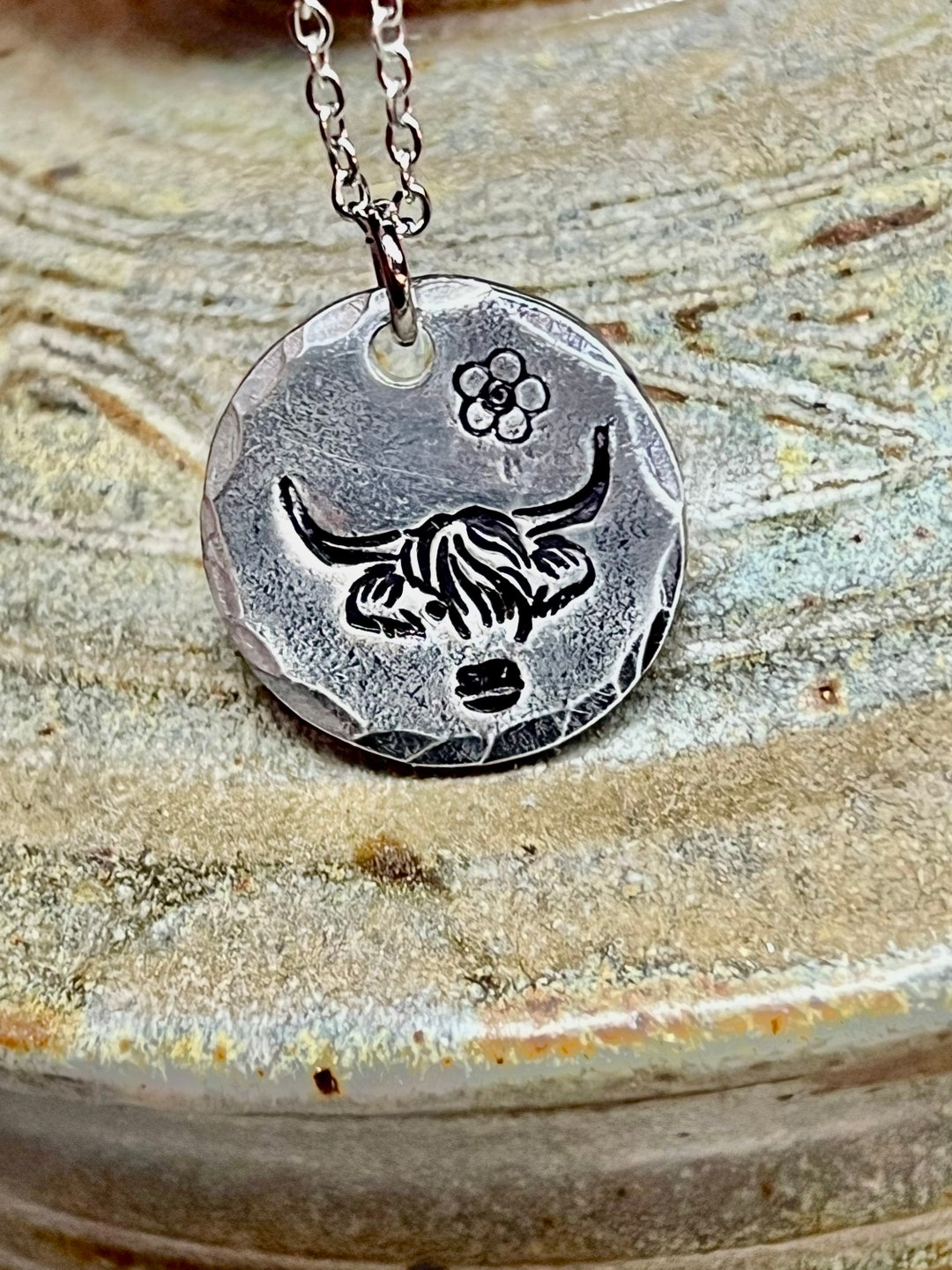 Highlander Cow Hand Stamped Pewter Pendant Necklace, Cute and Dainty ...