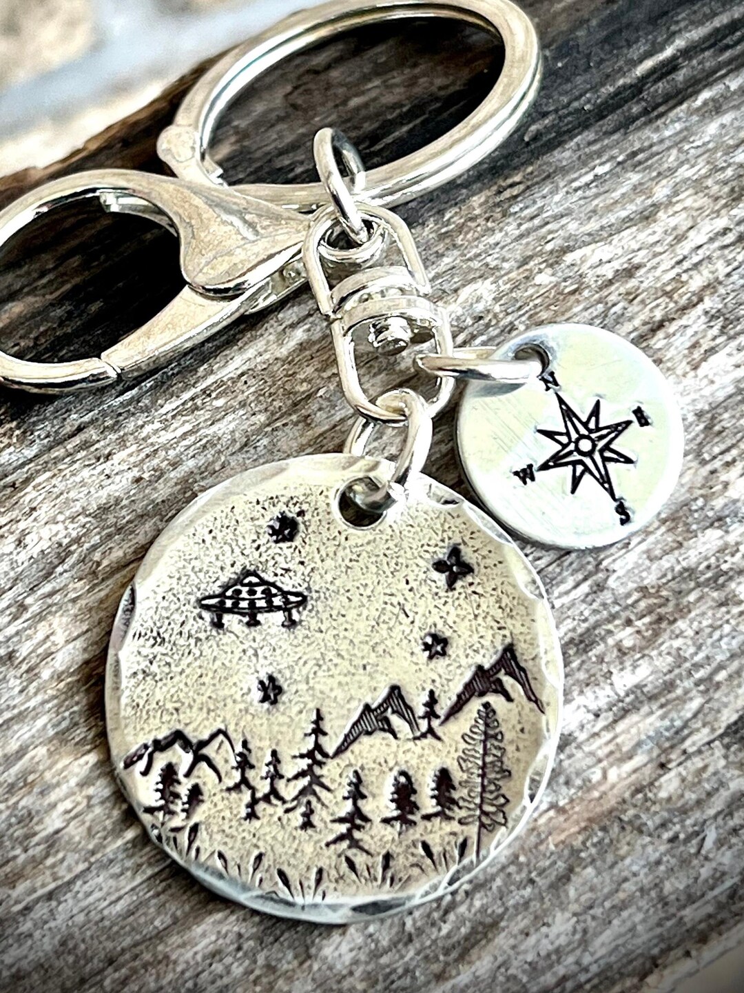 UFO Solid Pewter Keychain, Mountains Trees Stars and UFO Backpack Purse ...